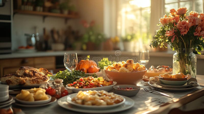Rustic Feast: a Table Laden with Traditional Dishes in a Cozy Setting ...
