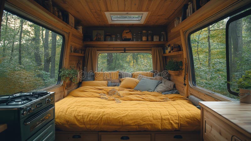 Cozy and Spacious Van Interior Featuring a Bright Yellow Bedspread ...