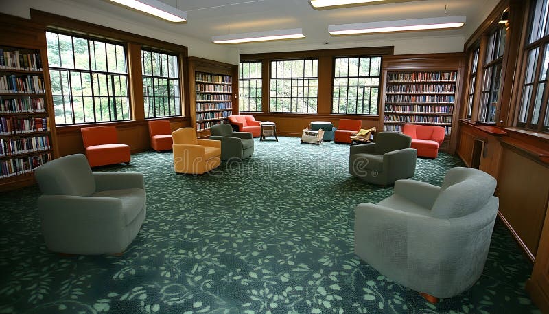 Library with Reading Area, Comfy Armchairs, and Cozy Lamps Stock ...