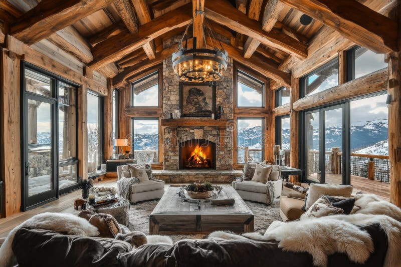Inviting Living Area in an Alpine Chalet Featuring Timber Frame ...
