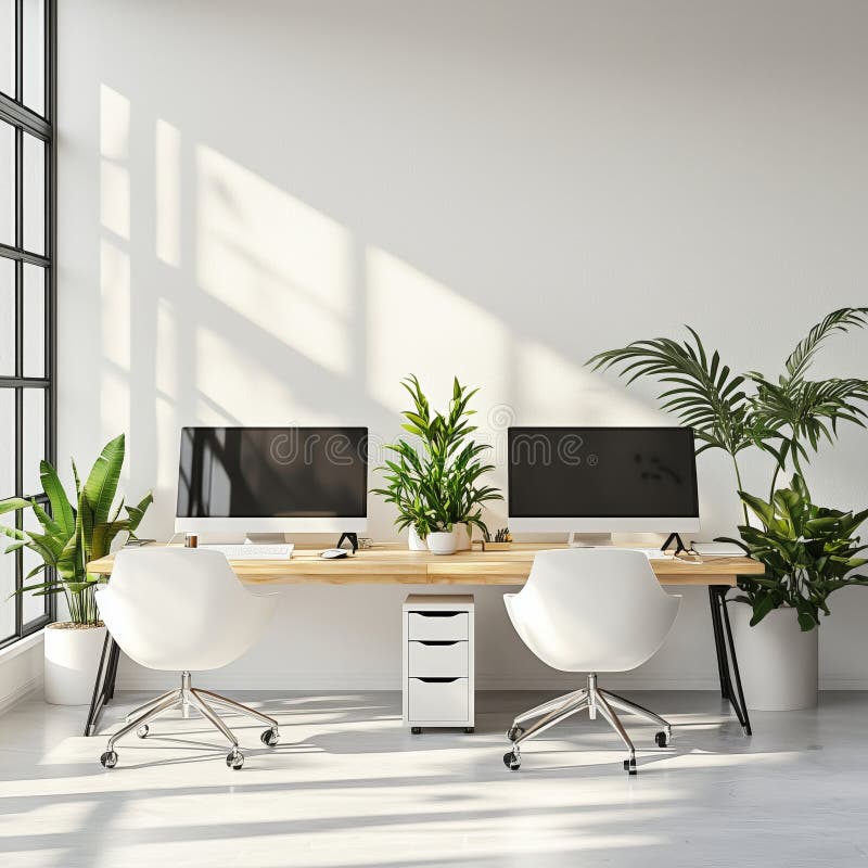 Inviting Modern Workspace with Natural Light, Plants, and Dual Computer ...