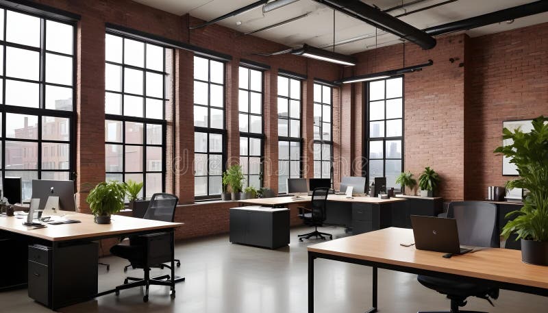 Spacious Modern Office Interior with Workstations, Large Windows, and ...