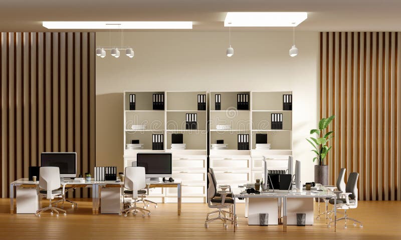 Inviting Open Office Layout with Multiple Desks and Stylish Decor, 3D ...