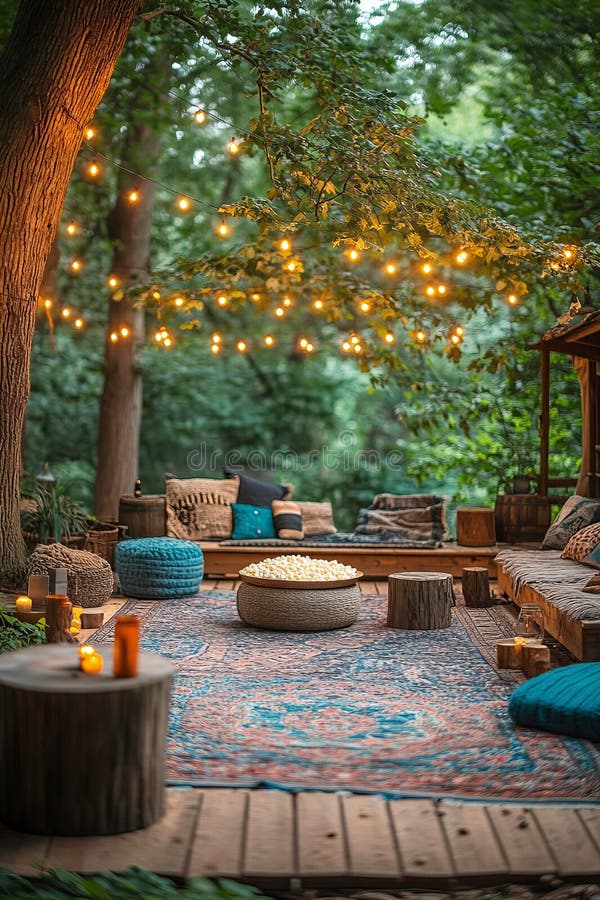 Cozy Outdoor Gathering Space Illuminated by String Lights in a Forest ...