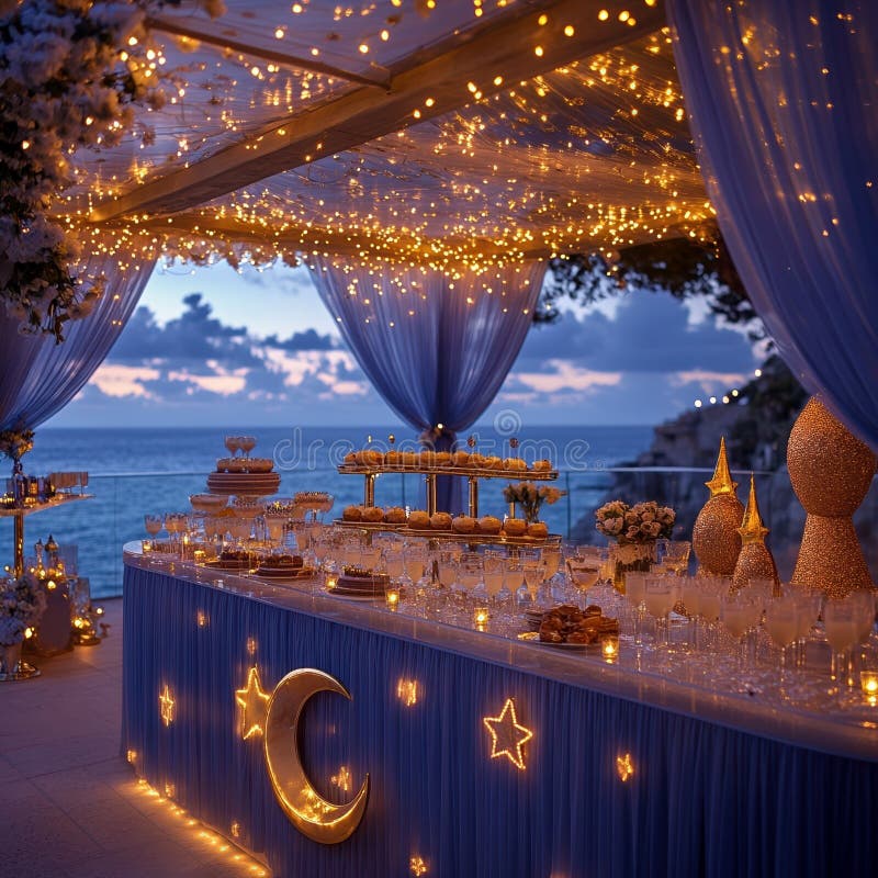 An Inviting Outdoor Catering Setup with Blue Lighting and Decorations ...