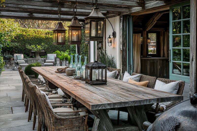 Inviting Outdoor Dining Area with Rustic Charm and Elegant Lighting at ...