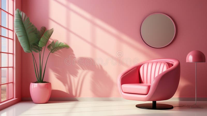 Inviting Pink Space, Featuring a Sofa and Decorative Mirror. Stock ...
