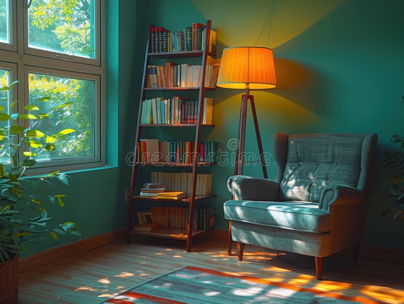 Inviting Reading Corner with an Armchair and a Bookshelf in a Sunny ...