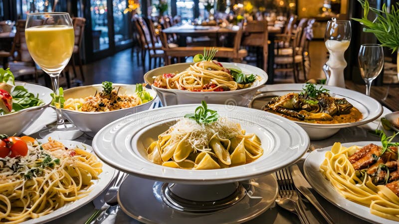 Variety of Italian Pasta with Salad, Cheese, Herbs, Wine, on a ...