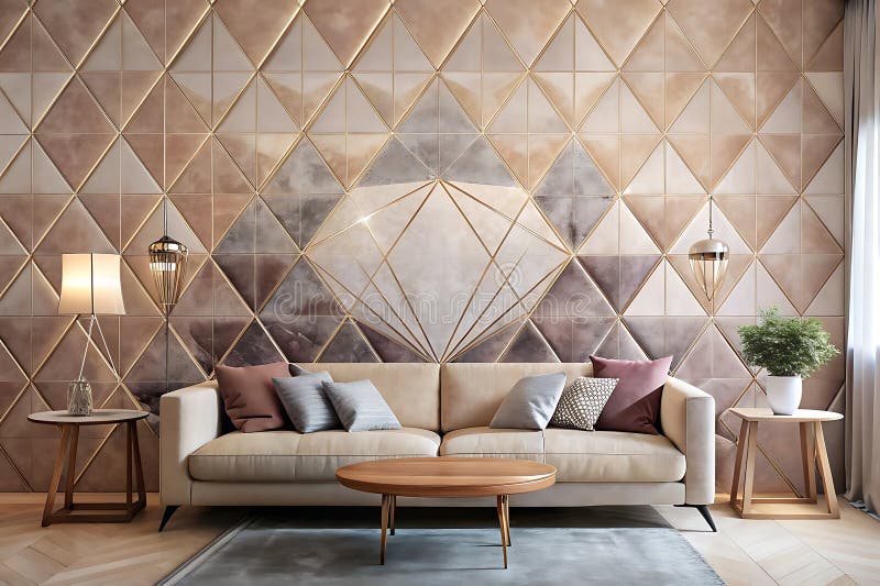 Inviting Room with Diamond Mural and Cozy Seating Arrangement Stock ...