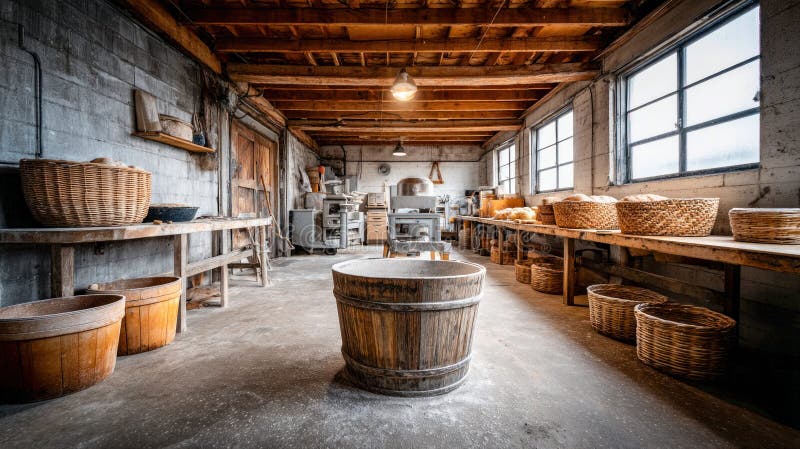 An Inviting, Rustic Bakery Interior, Featuring Wooden Baskets and Old ...