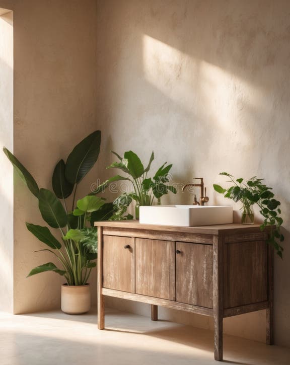 Inviting Rustic Bathroom with Wooden Vanity and Lush Greenery Stock ...