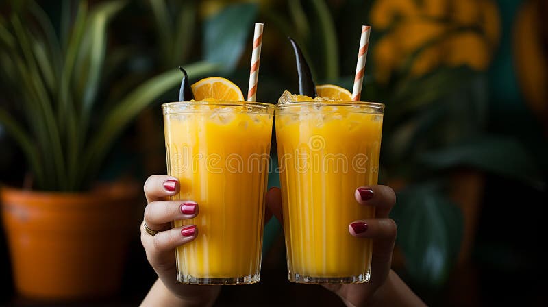 Refreshing Moments – Two Glasses of Juice, One Raised with a Straw for ...