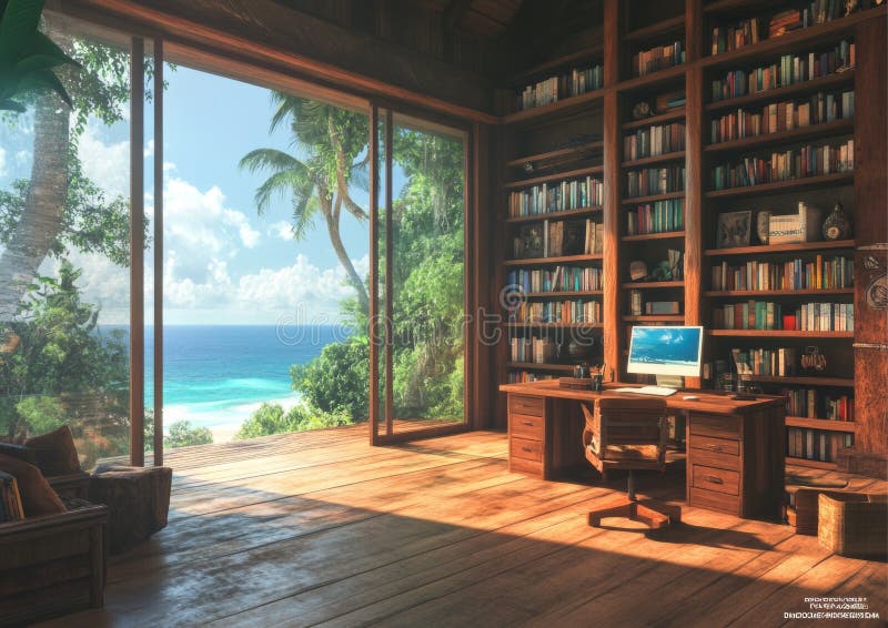 An Inviting Scenic Home Office Library Offering Expansive Views of ...