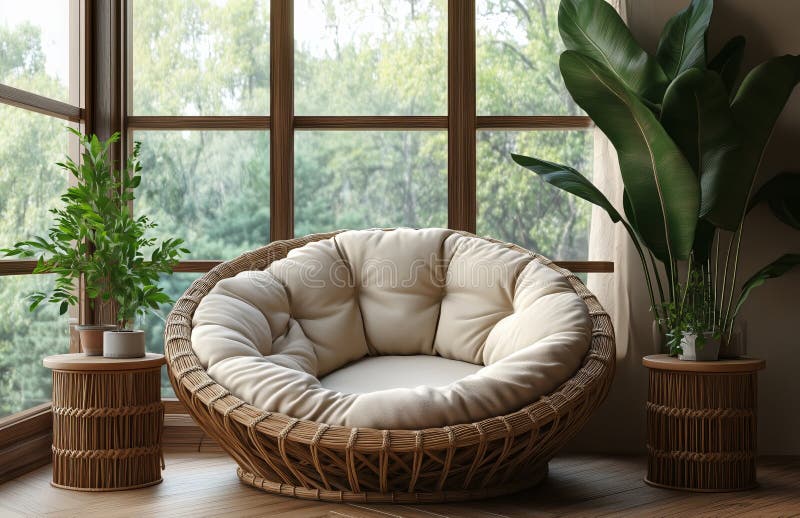 Cozy Seating Area with Round Rattan Chair and Lush Plants in a Sunlit ...