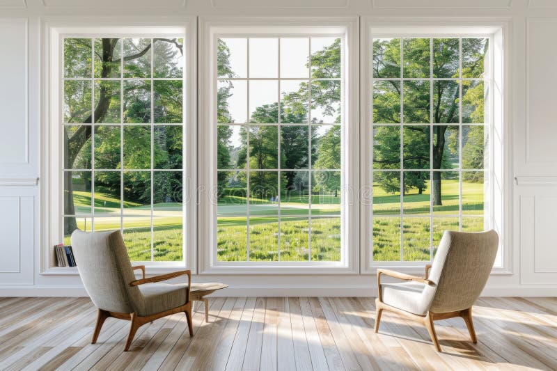 A Cozy Living Room with Two Elegant Chairs and a Vibrant View of Green ...
