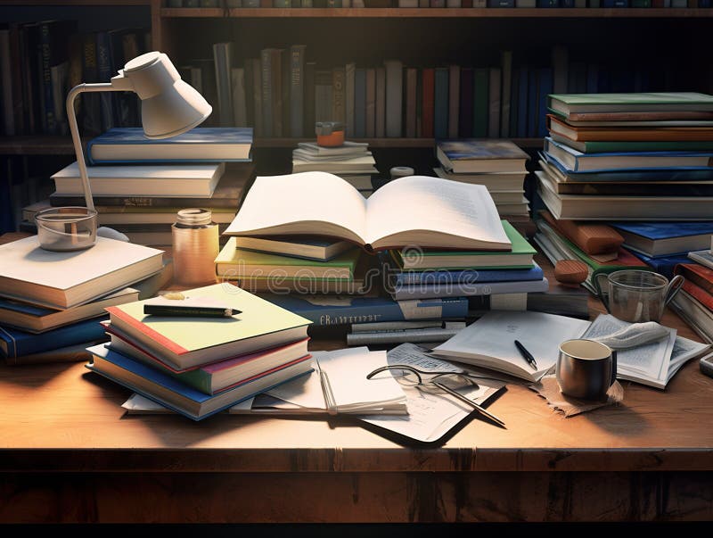 Inviting Study Space with Books and Desk Lamp. Generative AI Stock ...