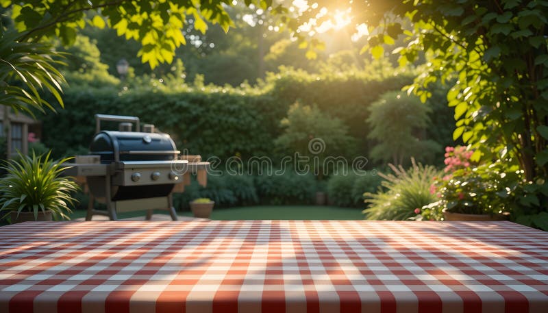Inviting Summer Barbecue Scene Featuring a Picnic Table and Grill in a ...
