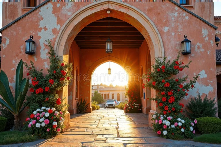 Inviting Sunset at Historic Mediterranean Archway with Blooming Roses ...