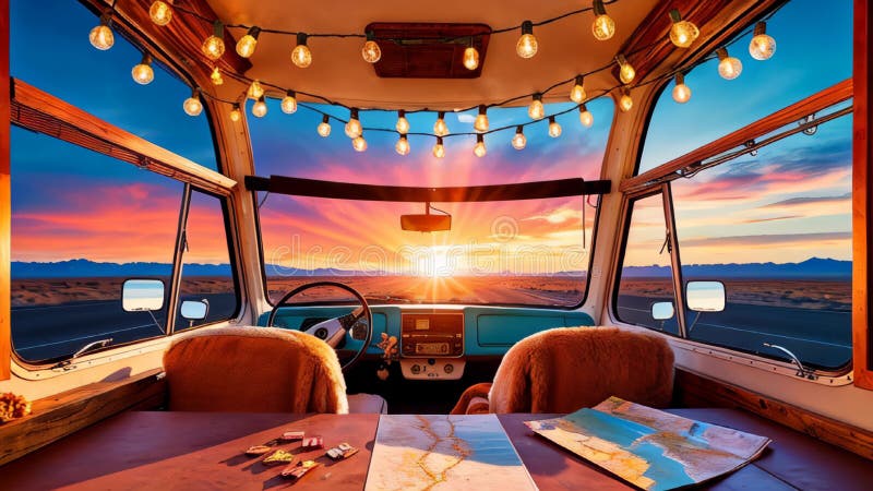 An Inviting View of a Vibrant Sunset from the Interior of a Camper Van ...