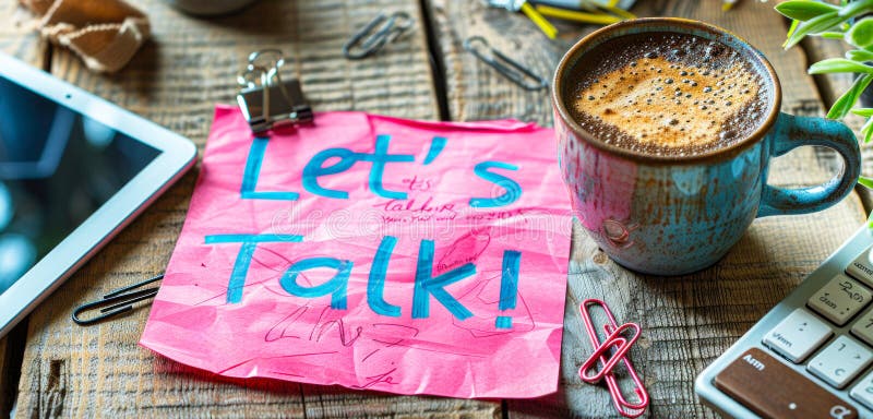Inviting Workplace Concept with Lets Talk! Message on Pink Sticky Note ...