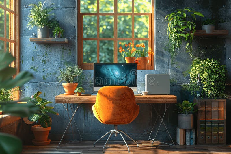 Inviting Workspace with Nature Backdrop Stock Illustration ...