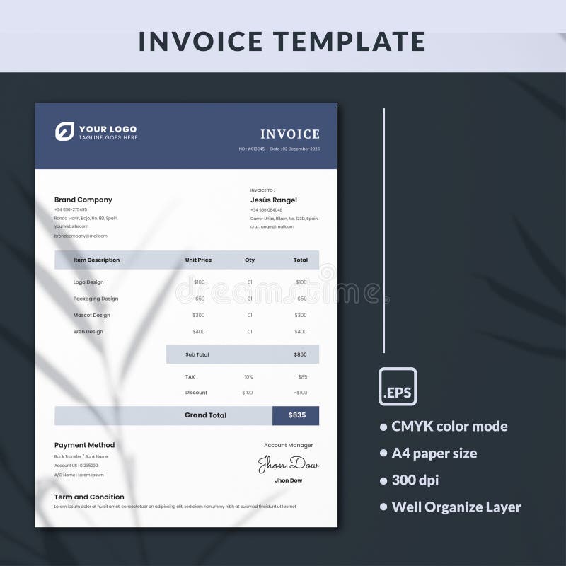Invoice Blue Color A4 Template with Clean Costumize with Editable Text ...