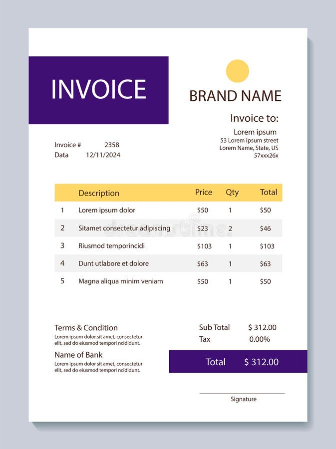 Invoice Form Design Template. Yellow and Violet Color Scheme ...