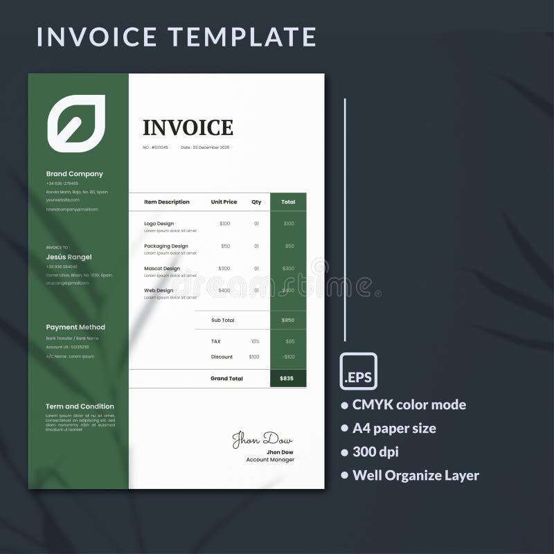 Invoice Green Color A4 Template with Clean Costumize with Editable Text ...