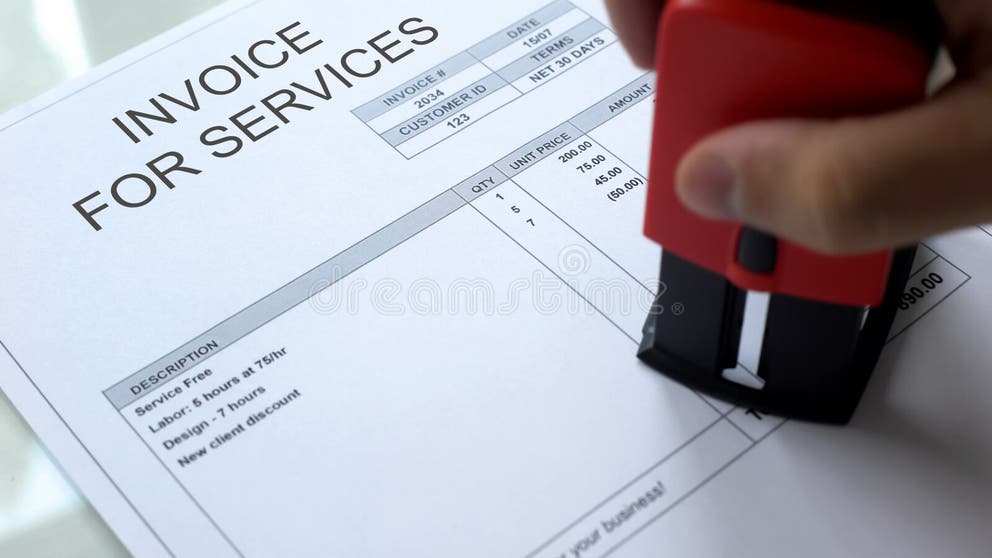 Invoice for Services, Hand Stamping Rectangular Seal on Commercial ...