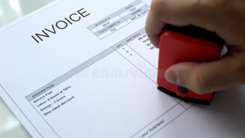 Invoice, Worker Hand Stamping Rectangular Seal on Commercial Document ...