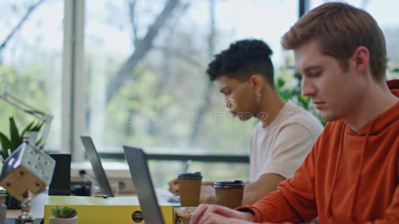 Involved Developers Coding Laptop at Workplace Closeup. Team Working ...