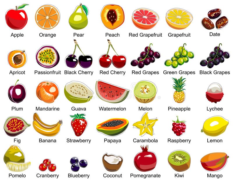 Collectie Van 35 Fruit-iconen Stock Illustratie - Illustration of ...