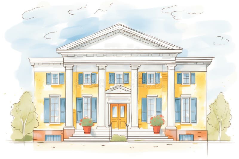 Ionic Columns of a Greek Revival Building, Magazine Style Illustration ...