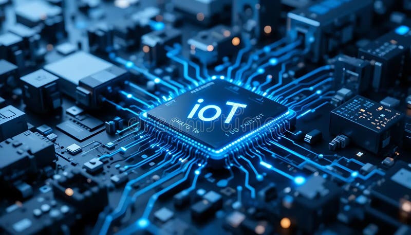Iot Chip on Circuit Board with Glowing Blue Connections Illustrating ...