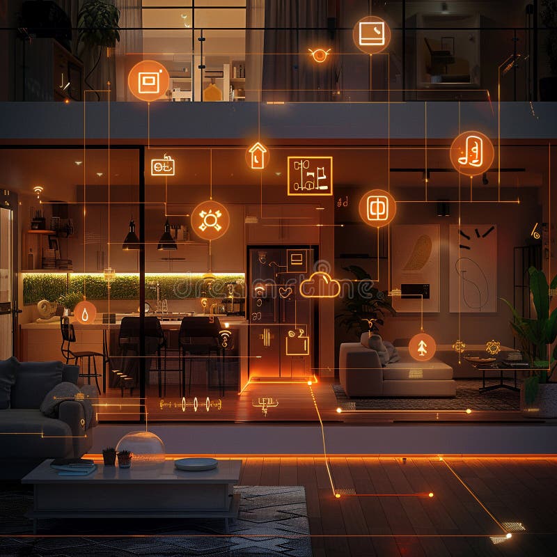 IoT Devices Connected in a Smart Home, Soft Evening Light, Wide Angle ...