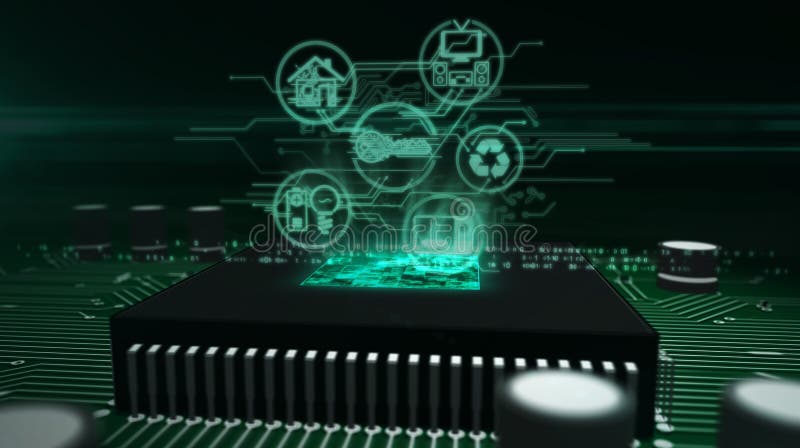 CPU on Board with Iot Smart Home Symbol Hologram Display Stock ...