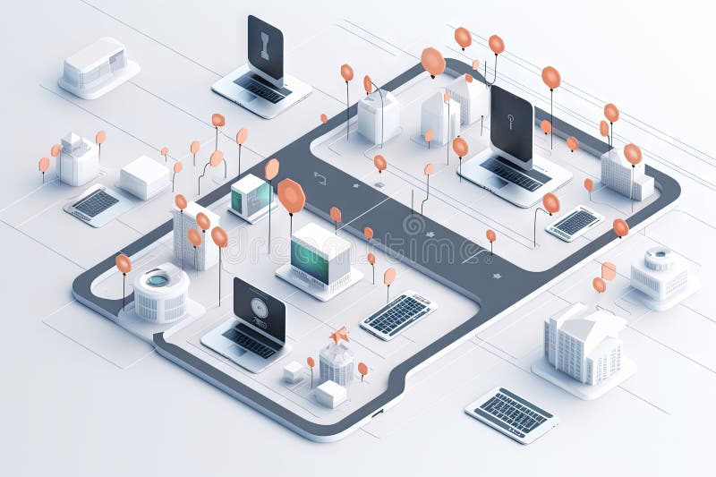 Iot Sensor Network With Multiple Devices Collecting And Sharing Data Stock Illustration