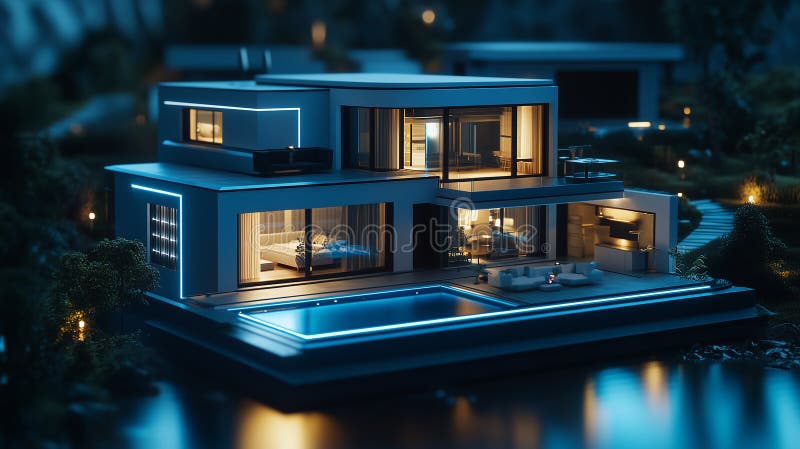 Modern Luxury Waterfront House Nighttime View Illuminated Pool Home ...