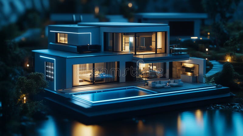 Modern Luxury Waterfront House Night Illumination Design Architecture ...