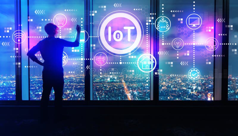 IoT Theme with Man by Large Windows at Night Stock Photo - Image of ...