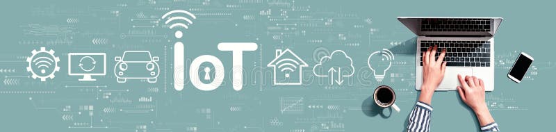 IoT Theme with Person Using Laptop Stock Photo - Image of line, desk ...