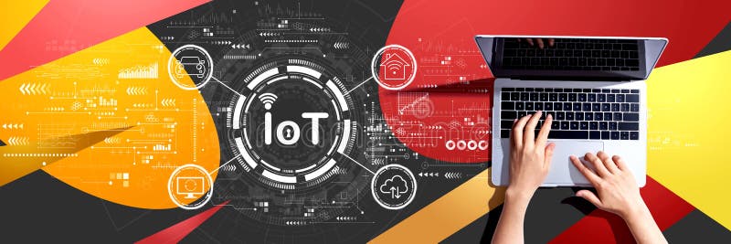 IoT Theme with Person Using a Laptop Stock Photo - Image of overhead ...