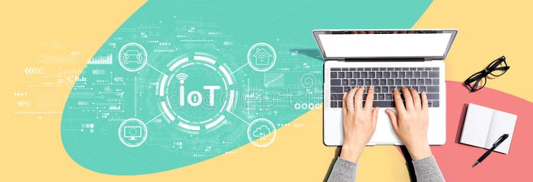 IoT Theme with Person Using a Laptop Stock Image - Image of icons, flat ...