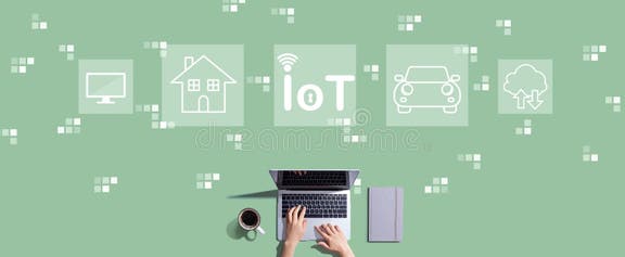 IoT Theme with Person Working with Laptop Stock Photo - Image of green ...