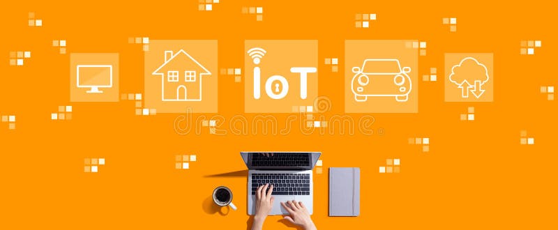 IoT Theme with Person Working with Laptop Stock Illustration ...