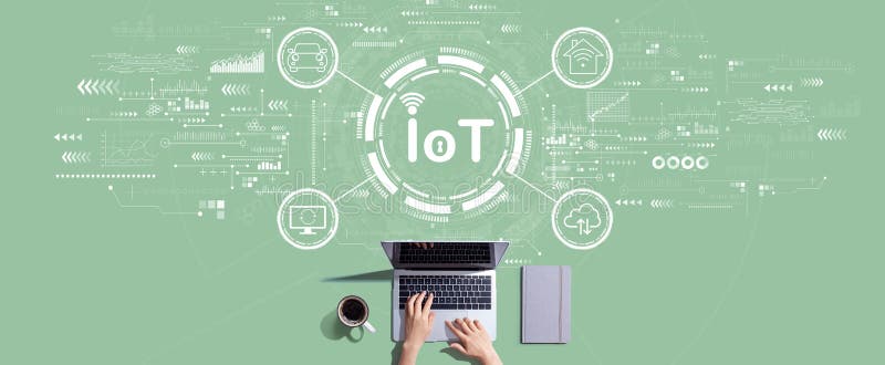IoT Theme with Person Working with Laptop Stock Illustration ...
