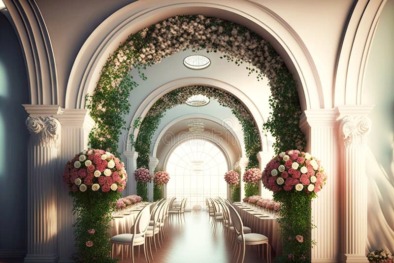 Ious Bright Wedding Hall with Tables of Flowers and Arch Stock ...