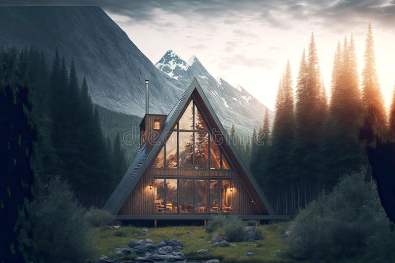 Ious a-frame Cabin with Large Windows and Staircase Against Backdrop of ...
