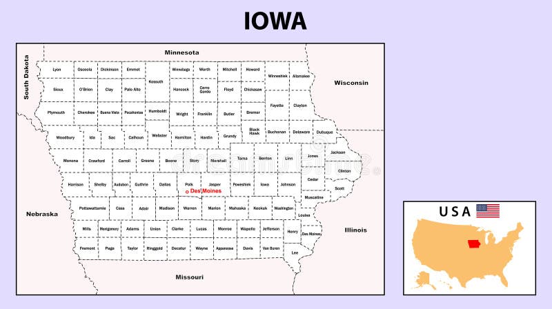 Iowa Map. Political Map of Iowa with Boundaries in White Color Stock ...